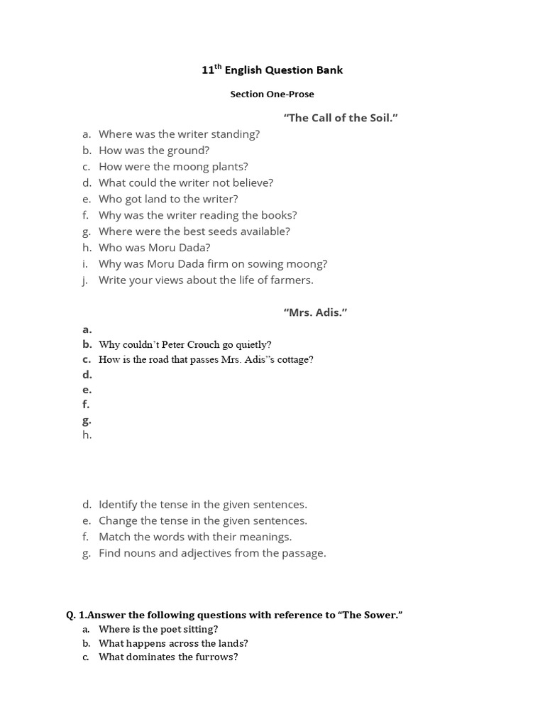 11th English Question Bank | PDF | Sowing | Linguistics