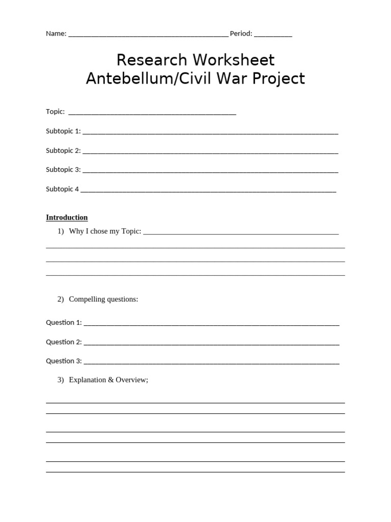Antebellum Civil War Research Worksheet | PDF