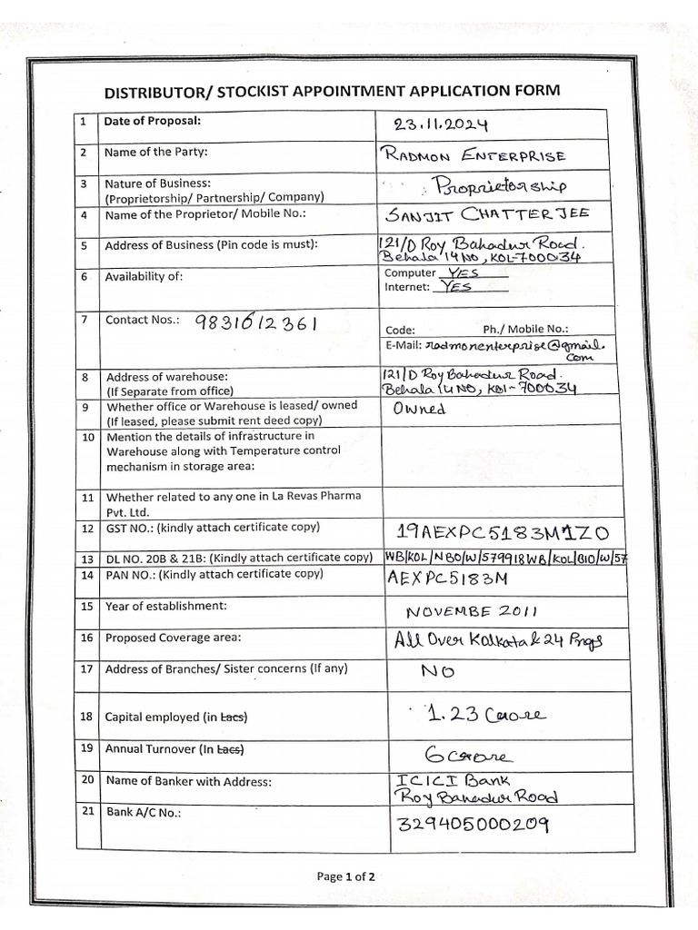 Distributor-Stockist Appointment Application From | PDF