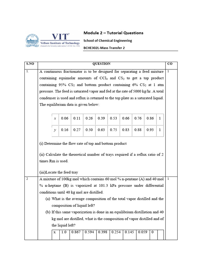 Mass Transfer 2 Tutorial Questions | PDF | Distillation | Scientific ...