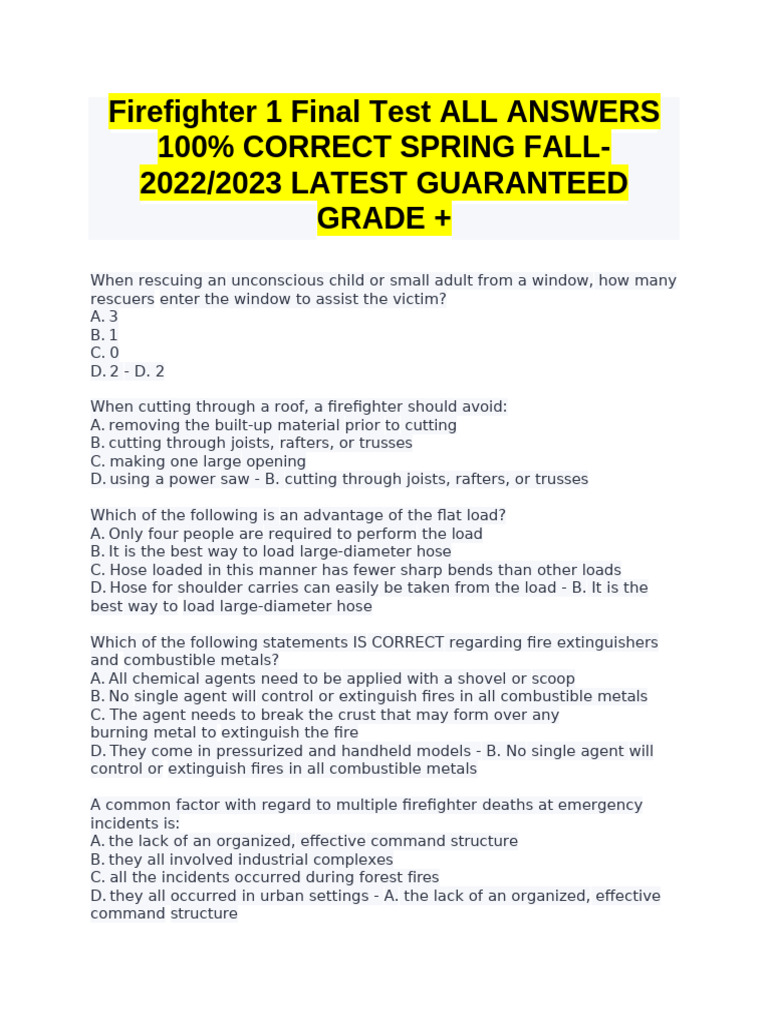 Firefighter 1 Final Exam Answers Guide | PDF | Firefighter | Fires