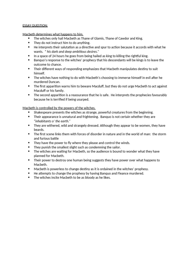 ESSAY QUESTION - Macbeth Is Responsible To What Happens To Him | PDF
