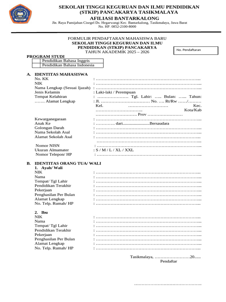 Formulir Pendaftaran Kampus Mitra Stkip Pancakarya | PDF