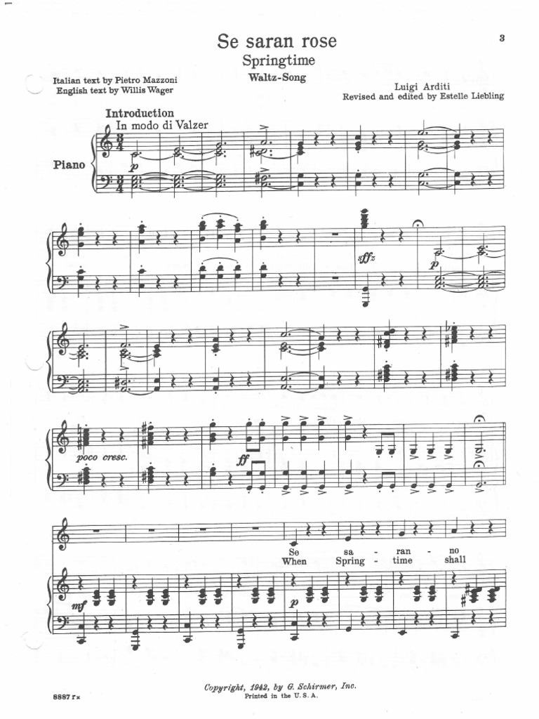 Sheet Music - Classical - Arditi - Se Saran Rose (Springtime) - For Coloratura Soprano - (In C ...