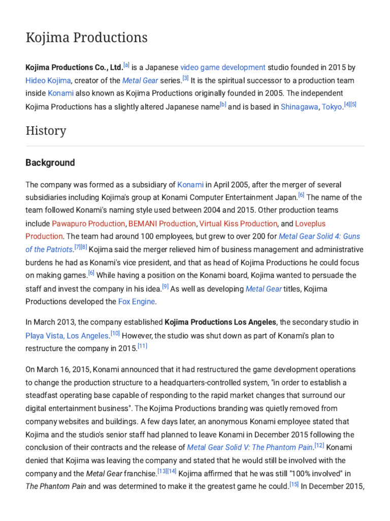 Kojima Productions - Wikipedia | PDF | Japanese Games | Video Game Industry