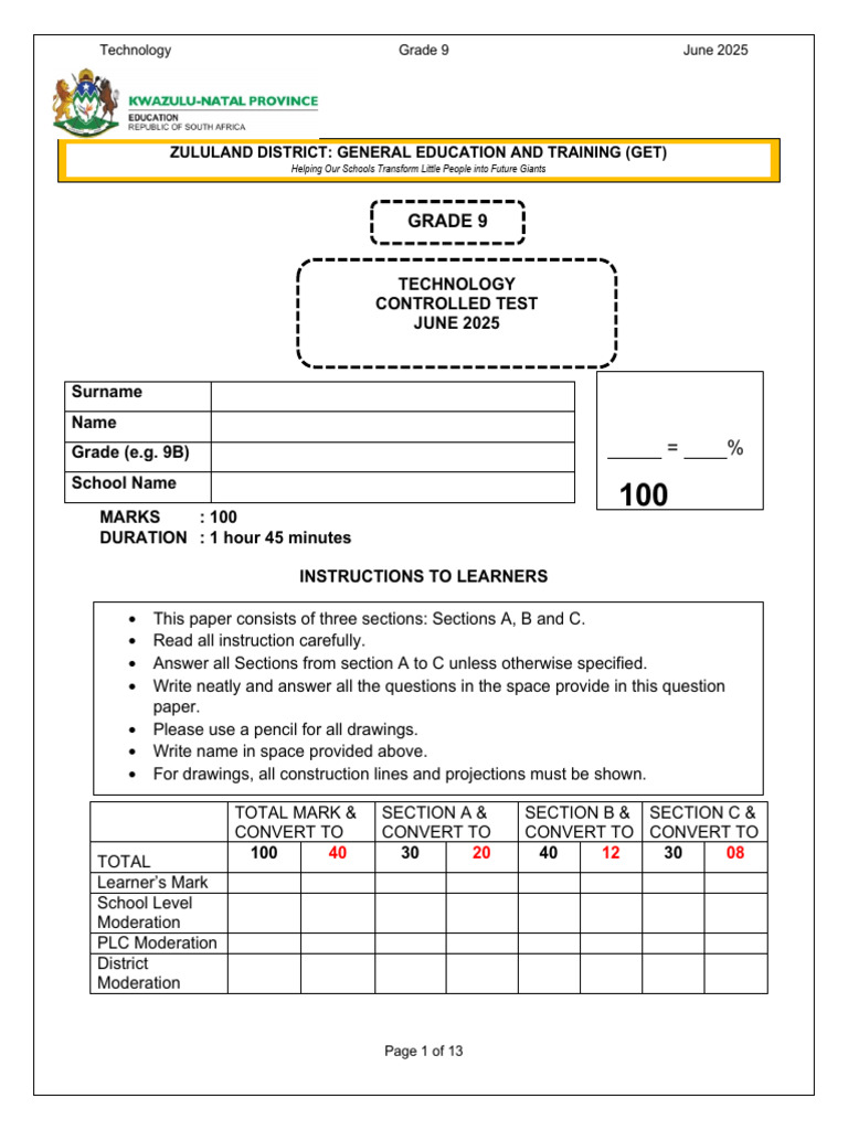 Technology Grade 9 Test June 2025. | PDF | Gear | Force