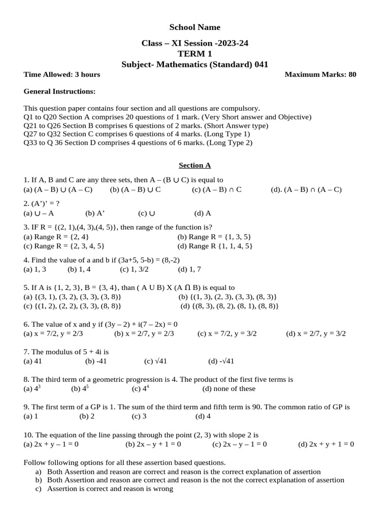 Class XI Mathematics Examination | PDF | Elementary Mathematics | Mathematical Analysis