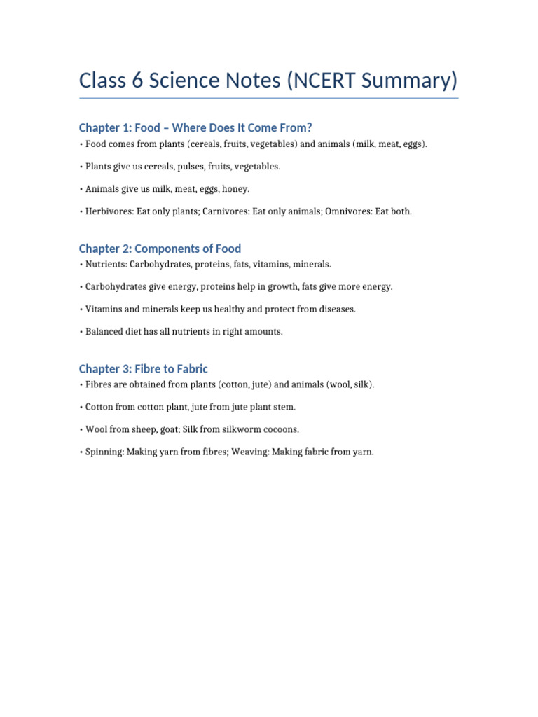 Class 6 Science: Food and Nutrition Notes | PDF