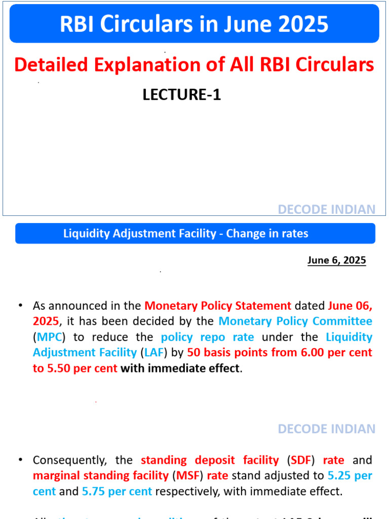 All RBI Circulars June 2025 - Lecture 1 | PDF | Reserve Bank Of India | Economies