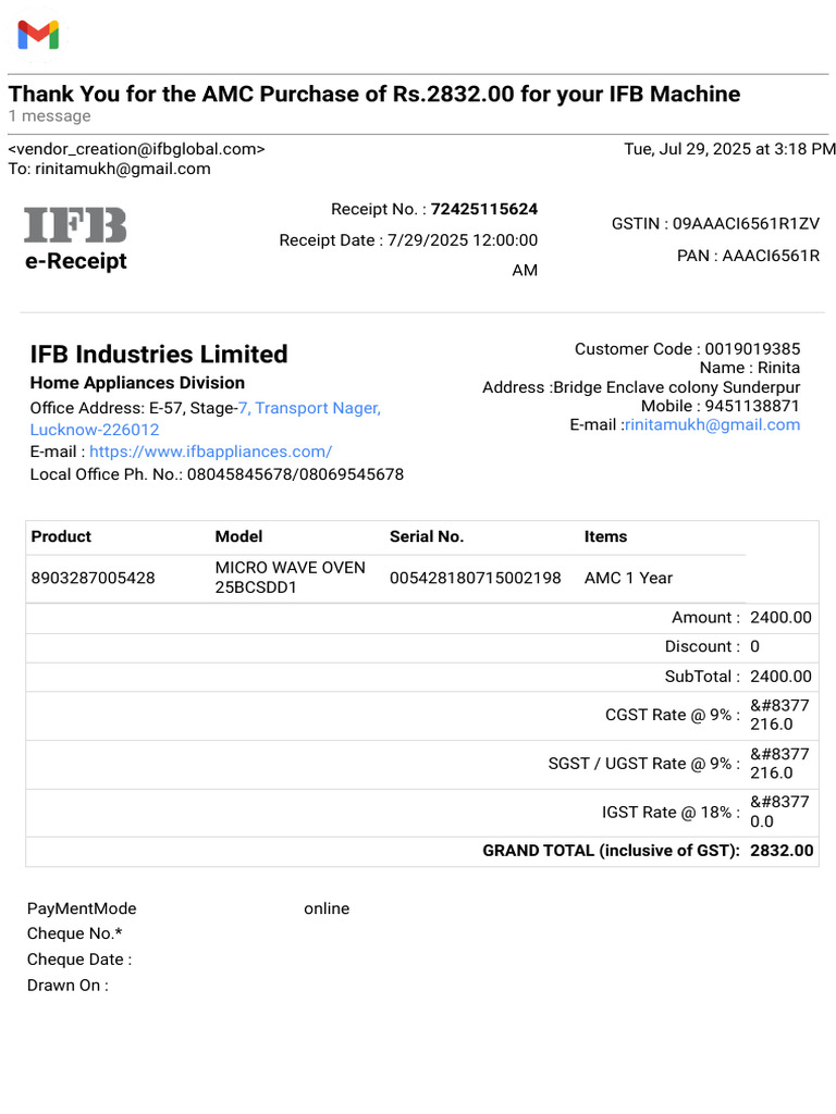 AMC Purchase of Rs.2832.00 For Your IFB Machine | PDF | Government ...