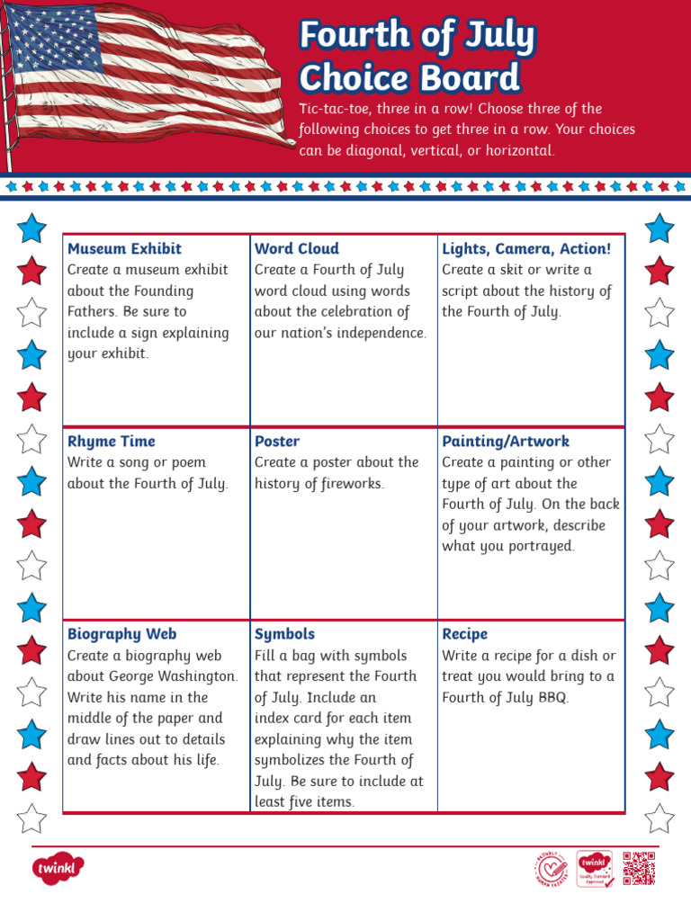 Fourth of July Choice Board For 6th-8th Grade | PDF
