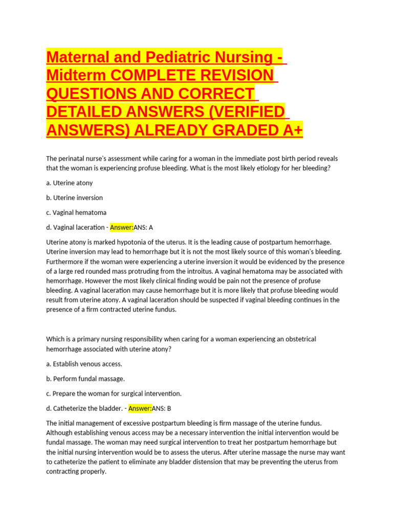 Maternal and Pediatric Nursing - Midterm Complete Revision Questions ...