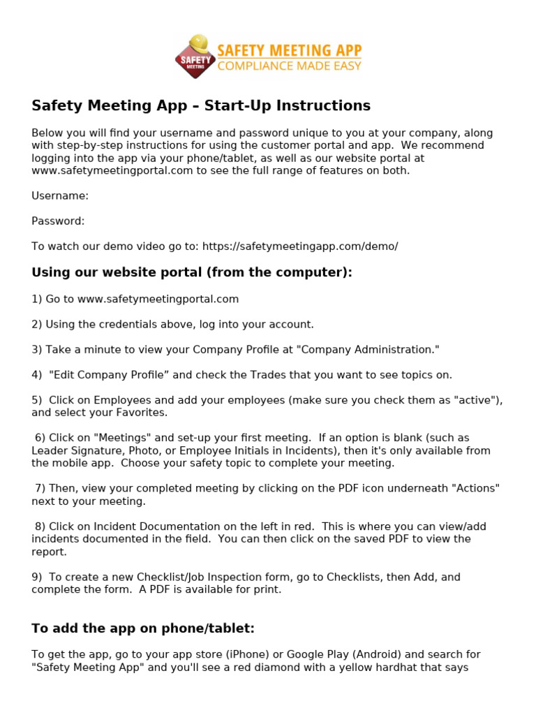 Safety Meeting App Login Guide | PDF | Login | Software