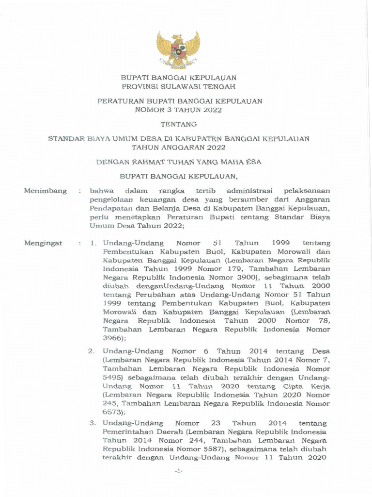 PERBUP - NOMOR - 3 - TAHUN - 2022 Tentang Penyelenggaraan Desa | PDF