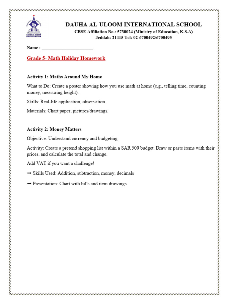 Grade-5 Holiday Homework 2025 | PDF