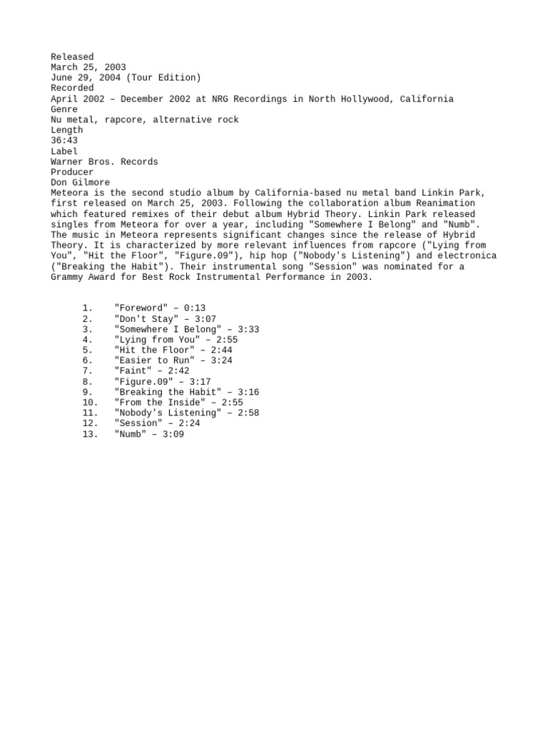 Linkin Park's Meteora Album Overview | PDF