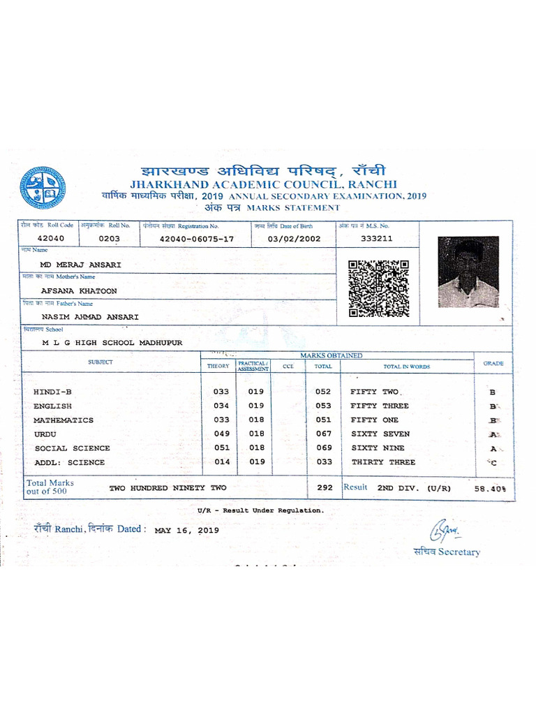 Meraj Class 10th Marksheet | PDF