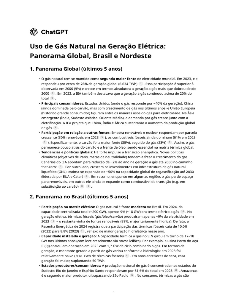 Gás Natural na Geração Elétrica: Brasil e Mundo | PDF | Geração de ...