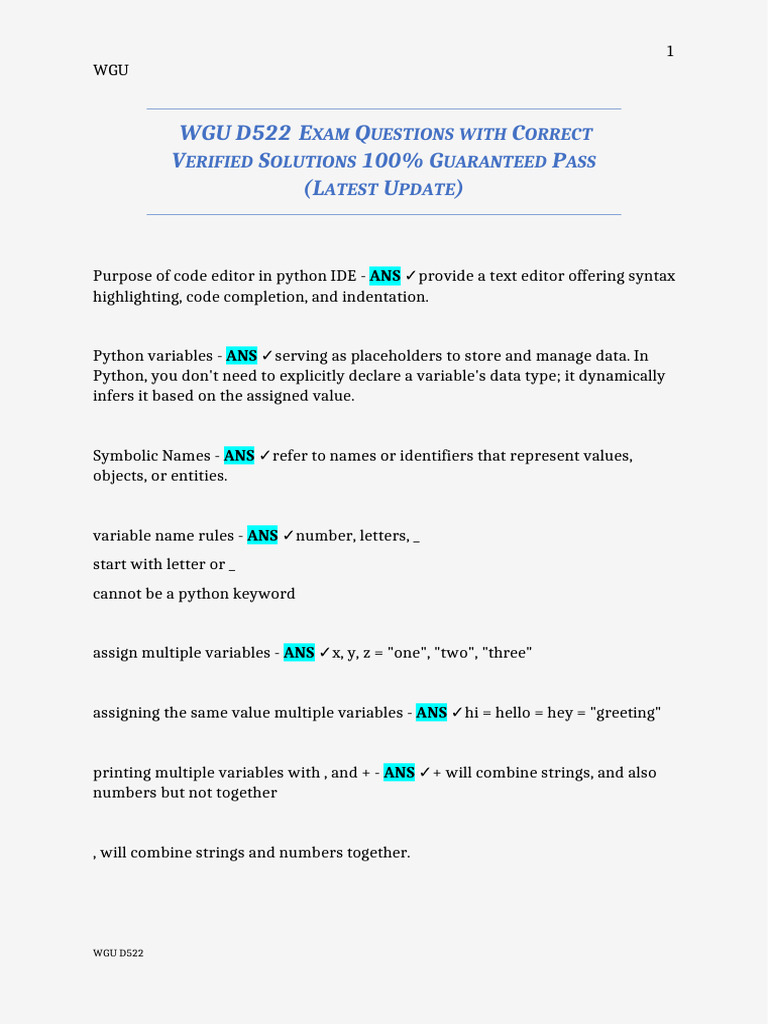 WGU D522 Python Exam Solutions Guide | PDF | Parameter (Computer Programming) | Variable ...