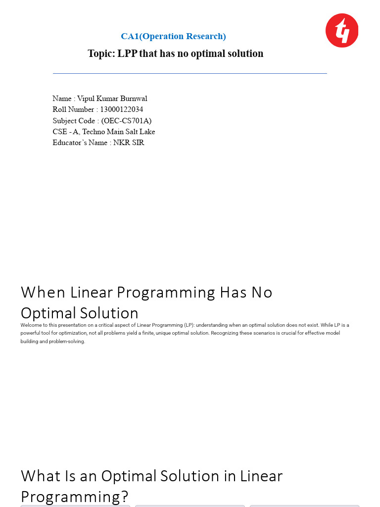 Topic: LPP That Has No Optimal Solution: CA1 (Operation Research) | PDF ...