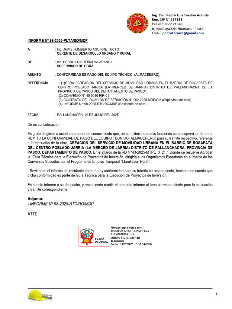 INFORME N° 98 Conf. pago ALMACENERO[R] | PDF