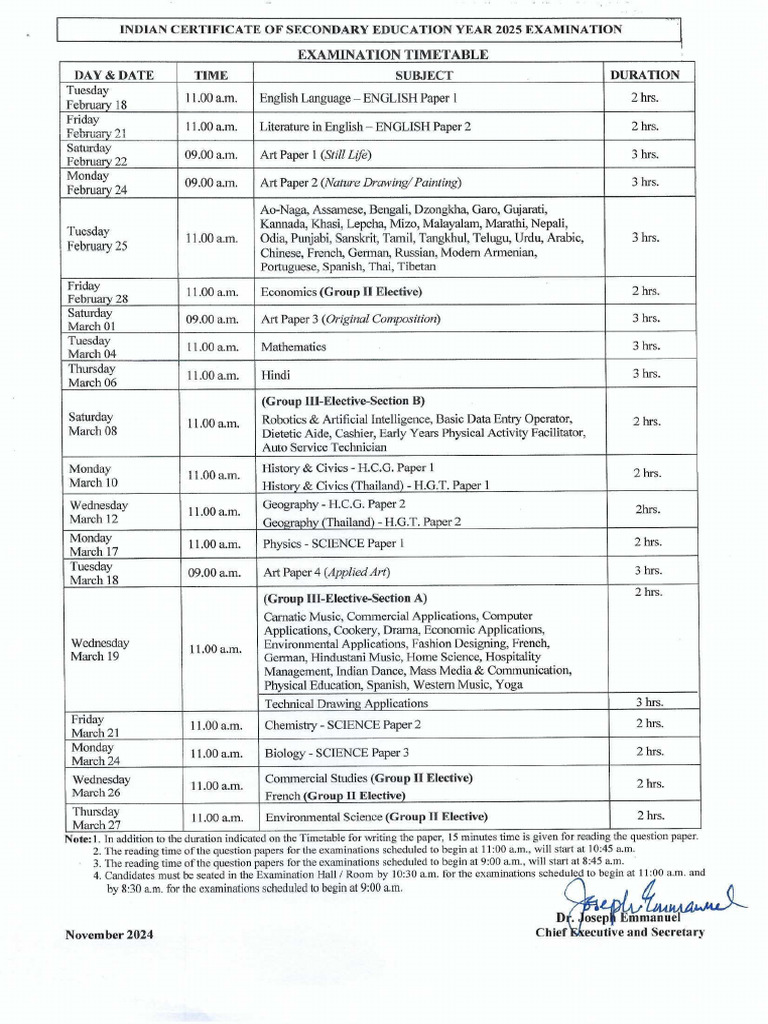 CISCE 10th 2025 ICSE Timetable With Instructions | PDF