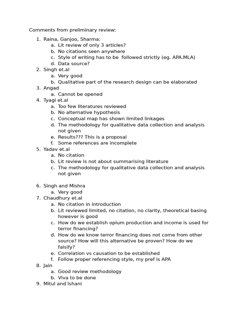 Preliminary Review Feedback Summary | PDF | Methodology | Scientific Method