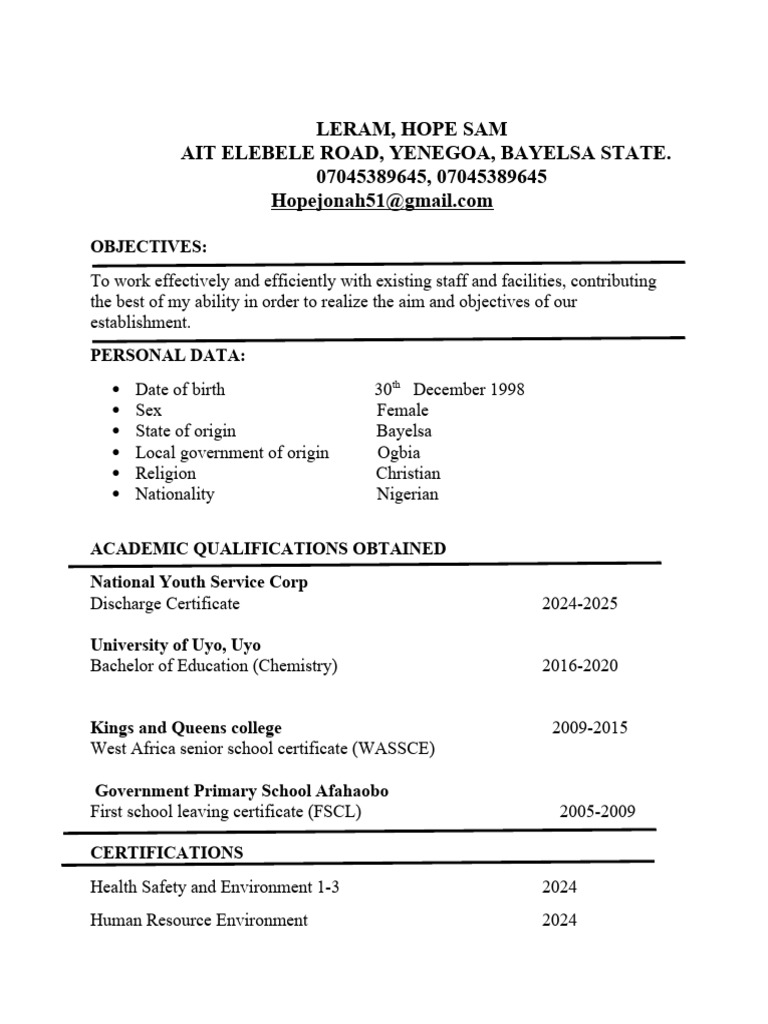 Hope Sam Leram - CV and Qualifications | PDF