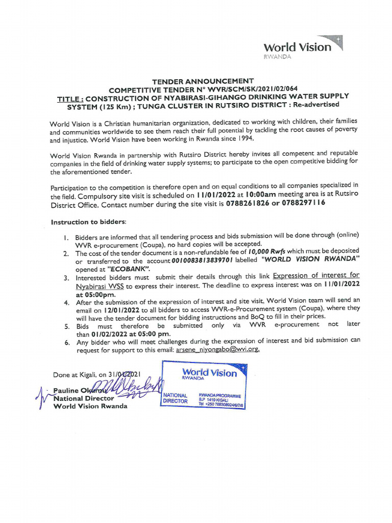 Signed Tender Advert Nyabirasi Wss | PDF