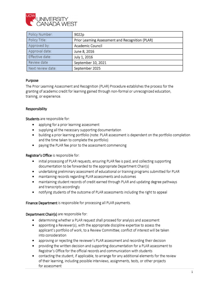 UCW 9022p Prior Learning Assessment and Recognition Procedure | PDF ...