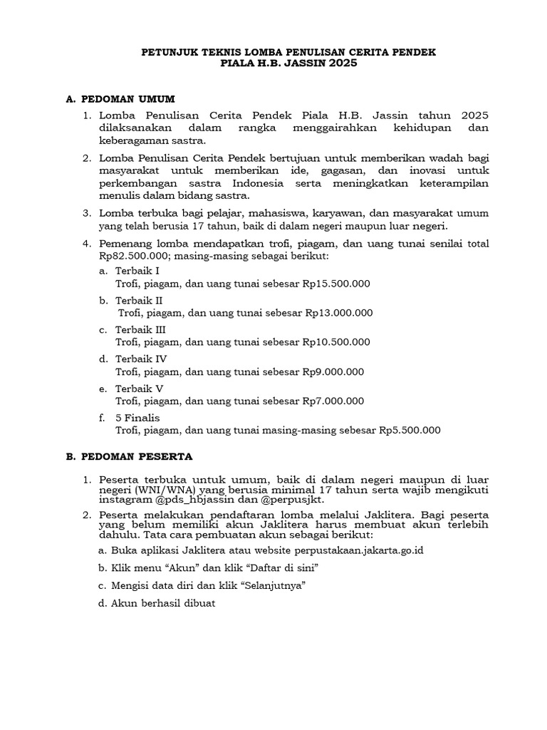 Petunjuk Teknis Lomba Penulisan Cerpen Piala HB Jassin 2025 | PDF