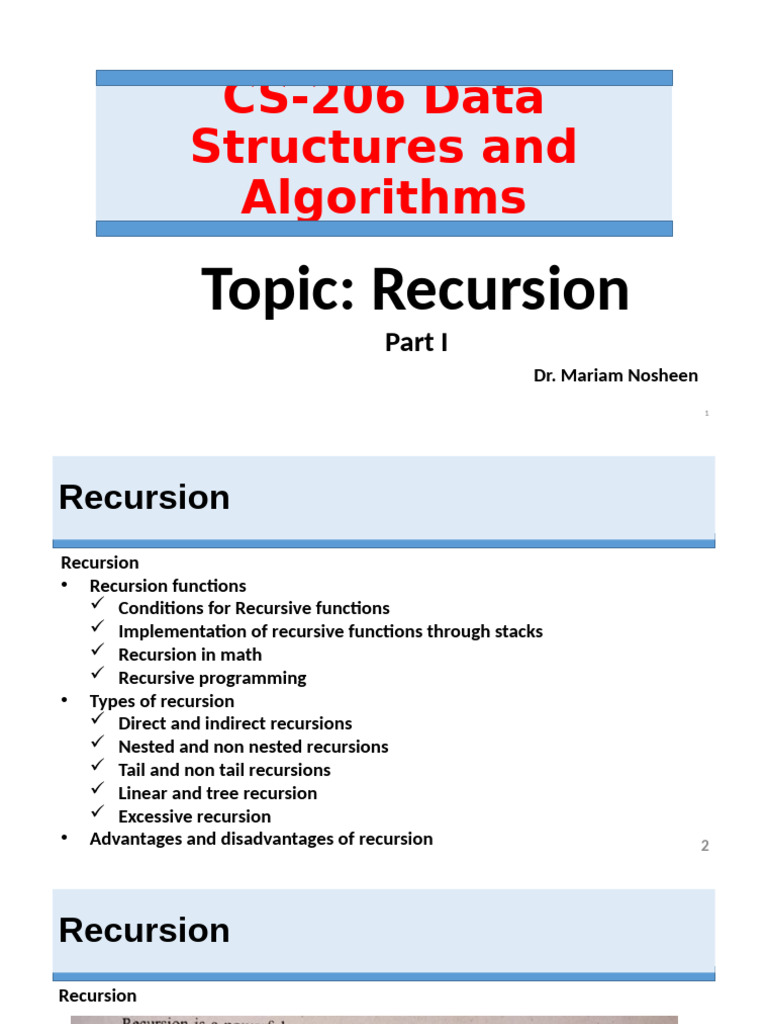 CS-206 Data Structures and Algorithms Lecture 11 (Recursion Part I) | PDF | Computer Science ...