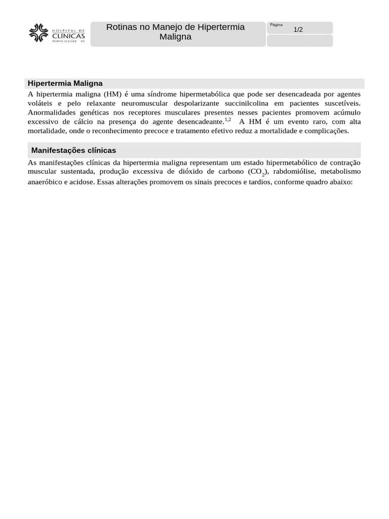 Protocolo de Manejo da Hipertermia Maligna | PDF | Medicina Clínica ...