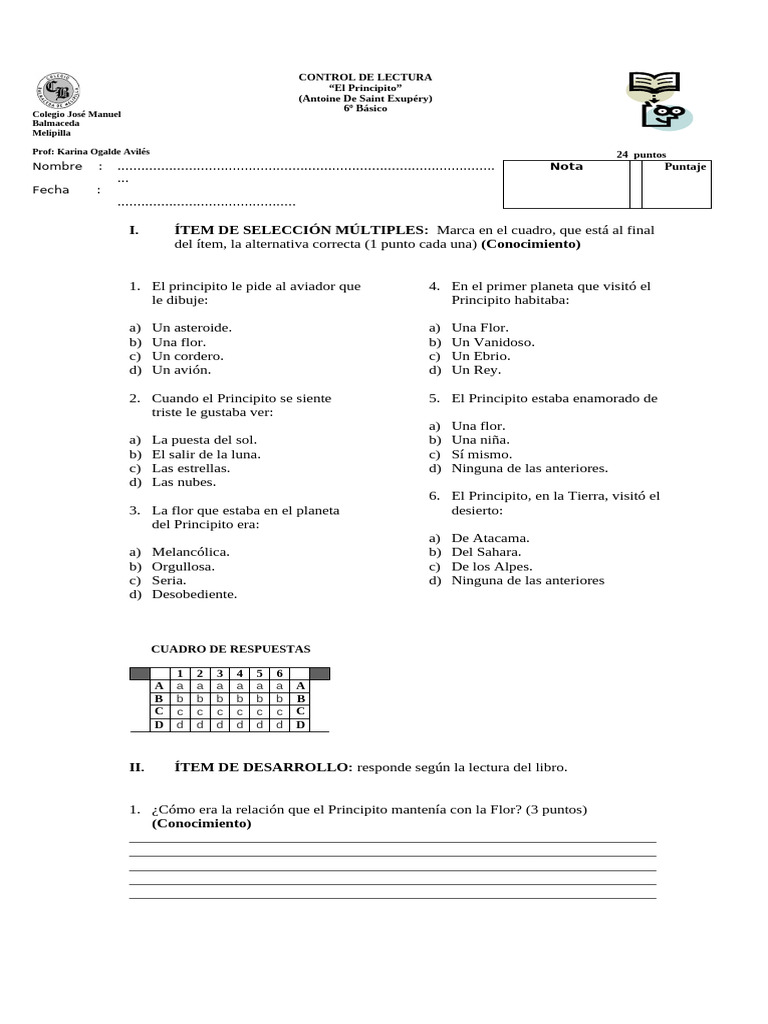 Control de Lect El Principito 6ºbasico | PDF | El Principito