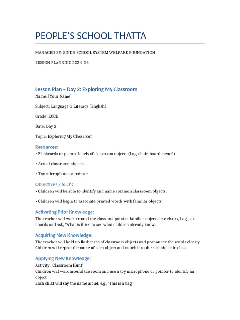 ECCE Lesson Plan Day 2 3 4 5 6 | PDF | Knowledge | Classroom