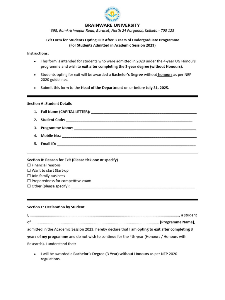 Exit Form for 3-Year UG Students | PDF