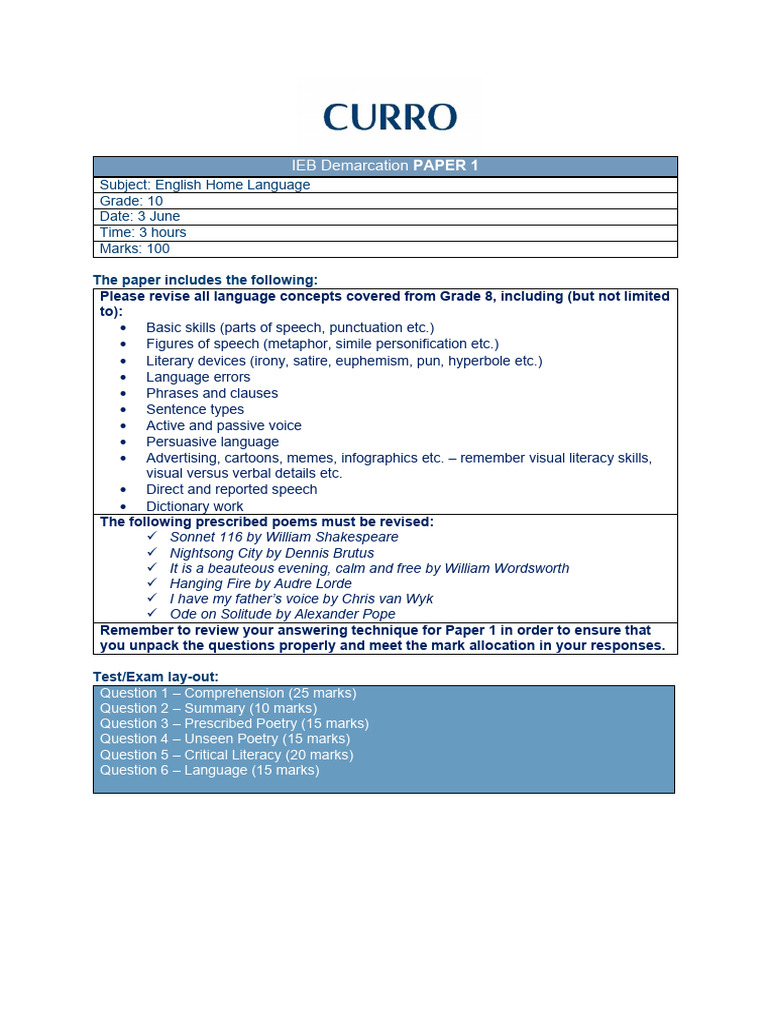 JUNE Demarcation English HL - Grade 10 | PDF