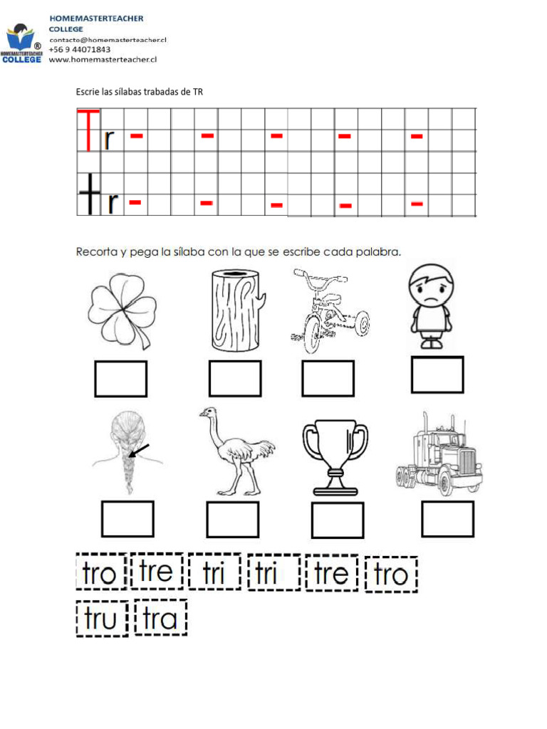 Guia de Sílaba Trabada TR Con Ejercicios de Escritura, Cortar, Pegar y ...