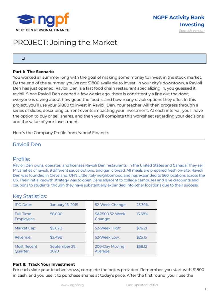 Investing in Ravioli Den Project | PDF | Stocks | Investing