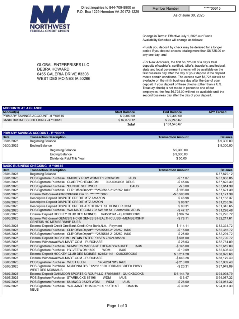 NWFCU Statement June 2025-1 | PDF | Personal Finance | Business
