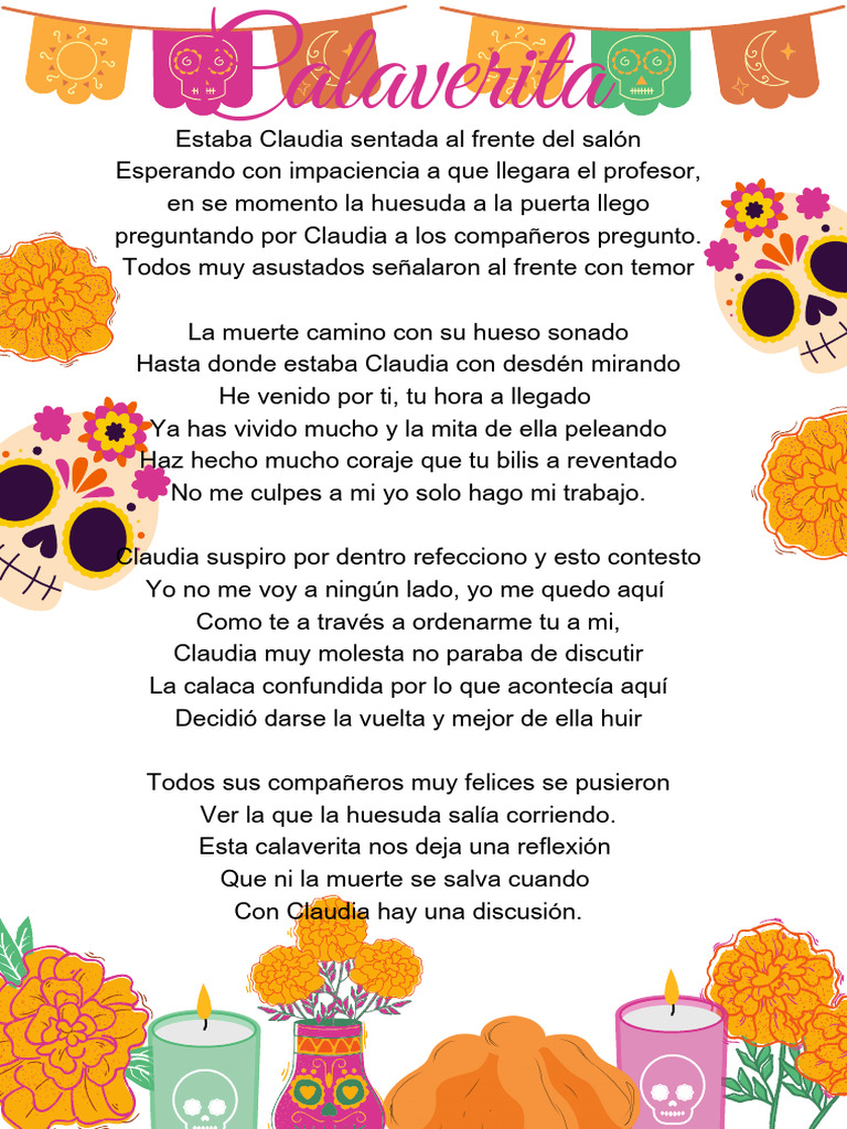 Documentos A4 Calaverita Literaria Dia de Muertos Rosa y Naranja | PDF