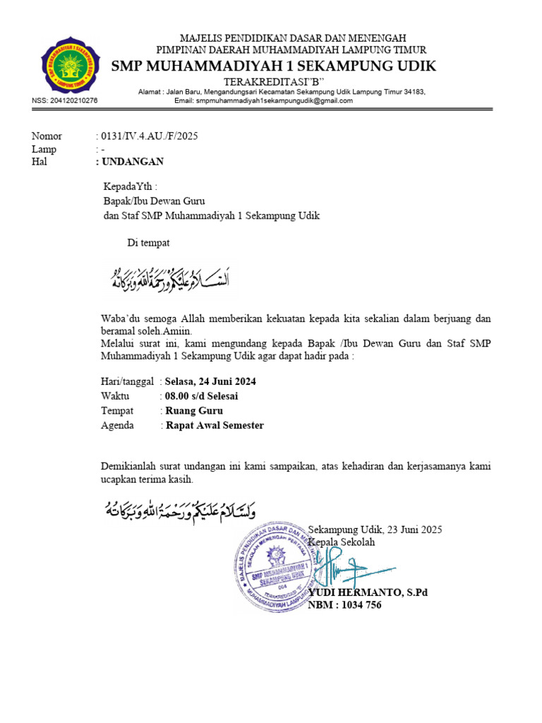 Surat Undangan Guru Awal Sem. | PDF