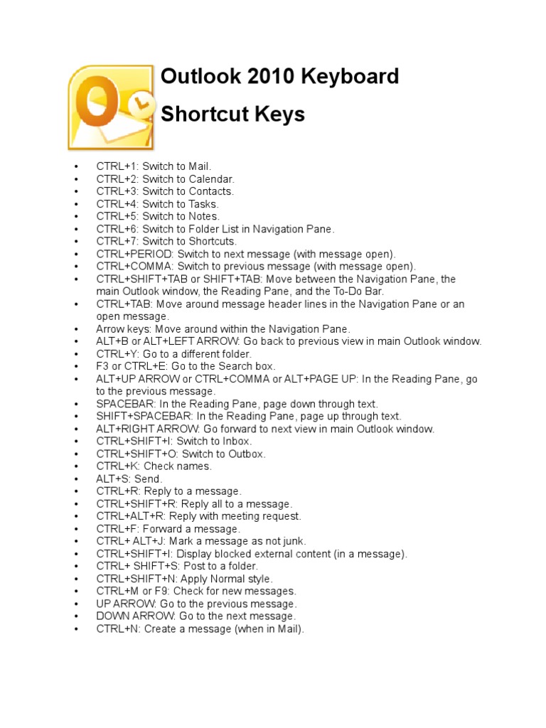 Comprehensive List of Outlook 2010 Keyboard Shortcuts for Efficient ...