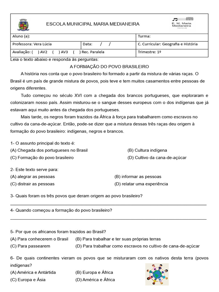 Av3 Geografia 4 Ano Maria Medianeira | PDF | Brasileiros | Brasil
