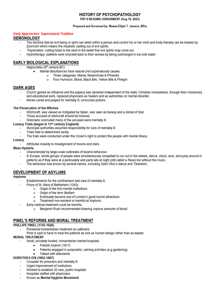 Reading Assignment #1 - Historical Overview of Psychopathology | PDF ...