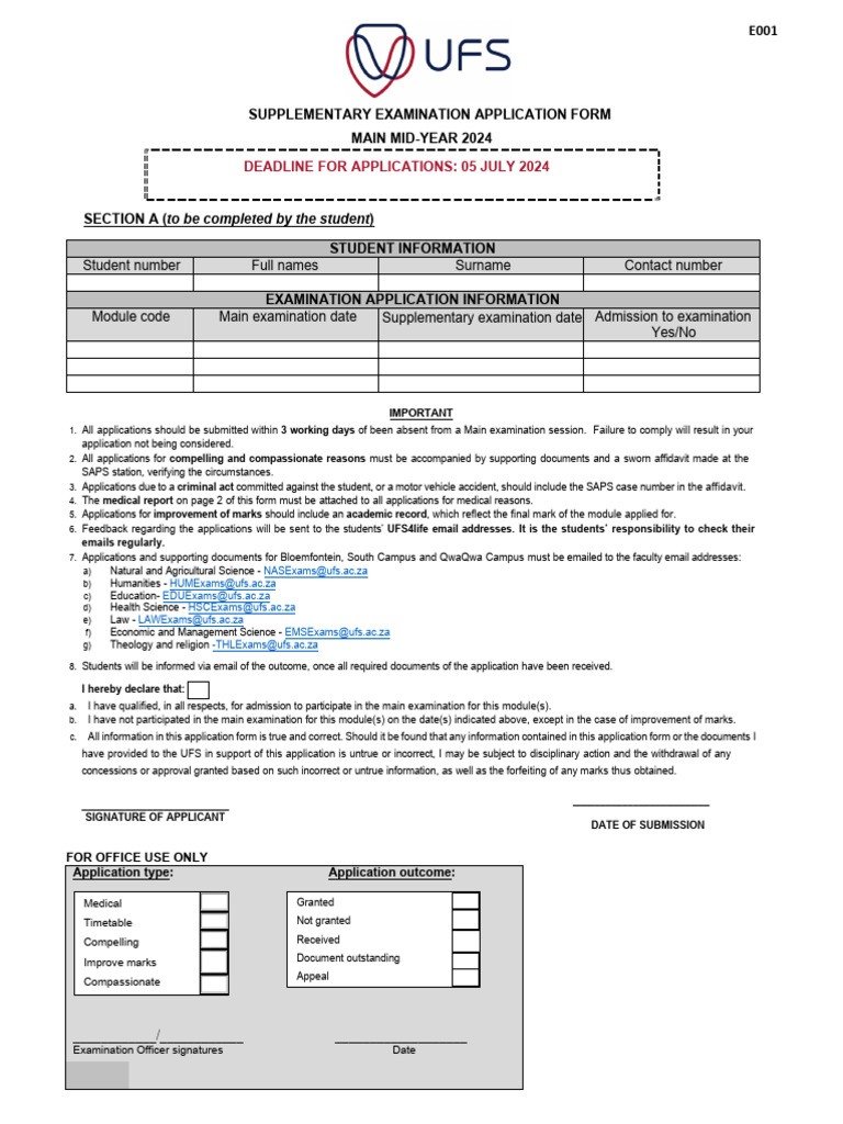 Supplementary Examination Application Form Mid Year 2024 | PDF | Health ...