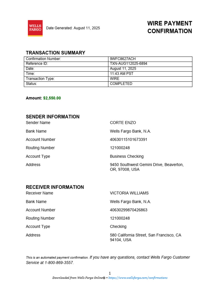 Wellsfago Wire Receipt | PDF