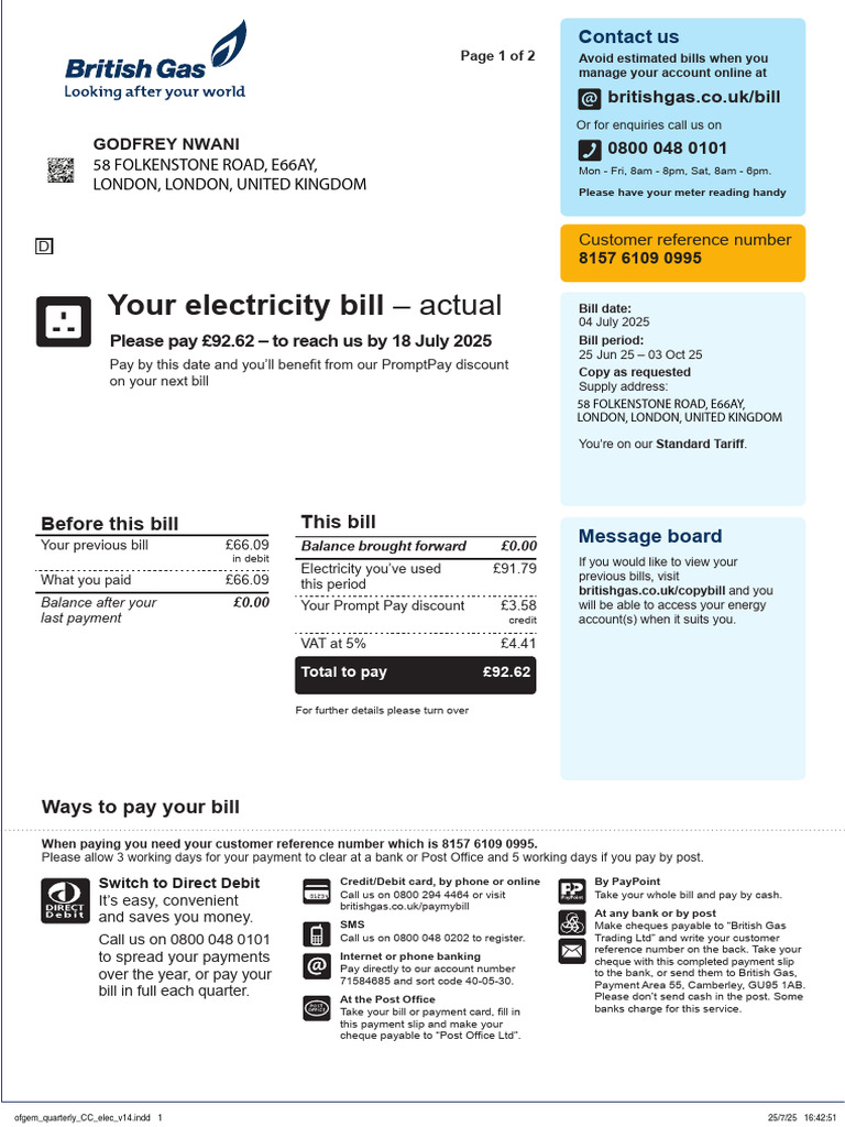 British Gas Statement of Account Issue date 21st April 2025 16 42 | PDF ...