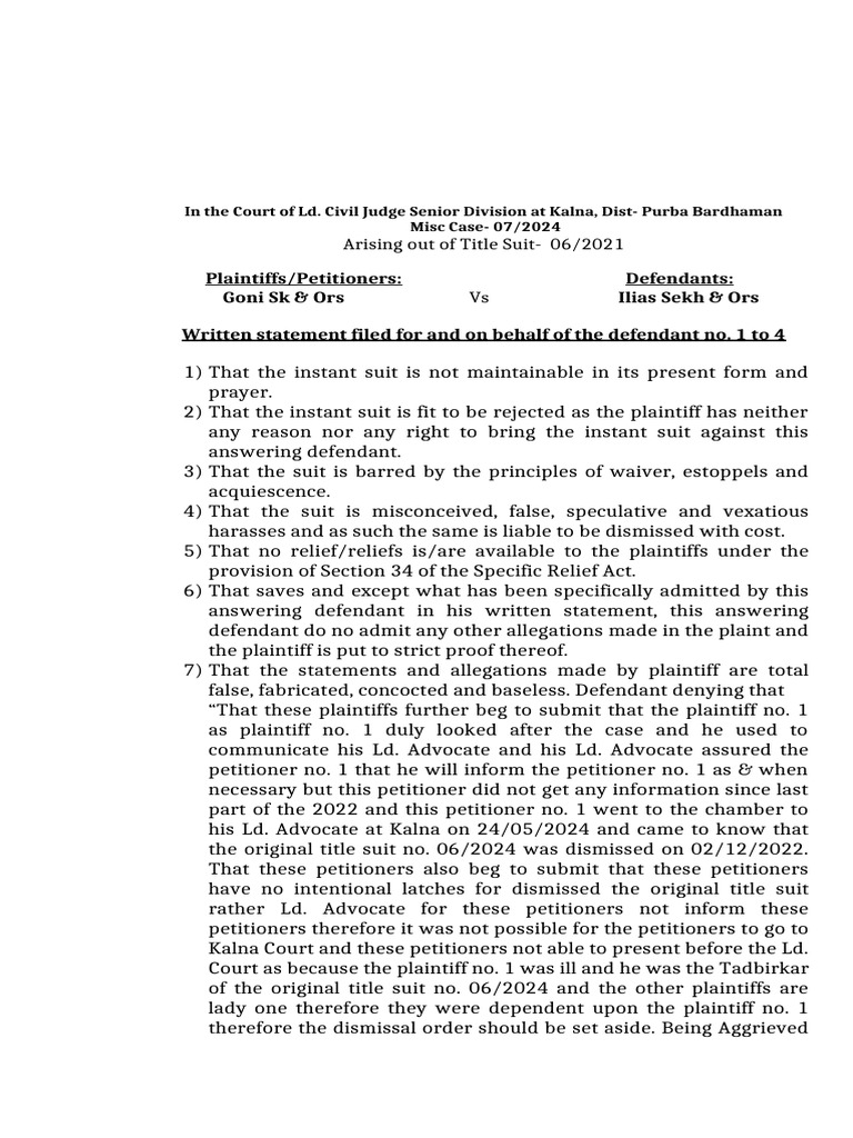 Written Objection Title Suit Goni SK & Ors | PDF | Lawsuit | Common Law