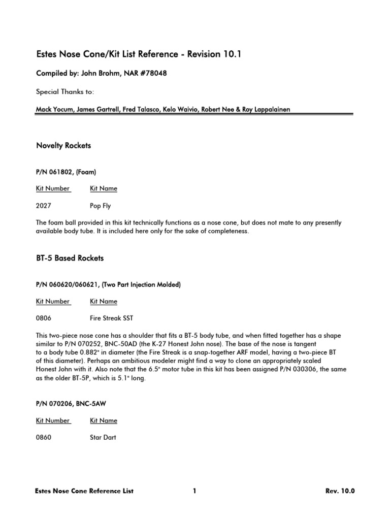 Estes Nose Cone Kit Reference List | PDF | Spaceflight | Rocketry